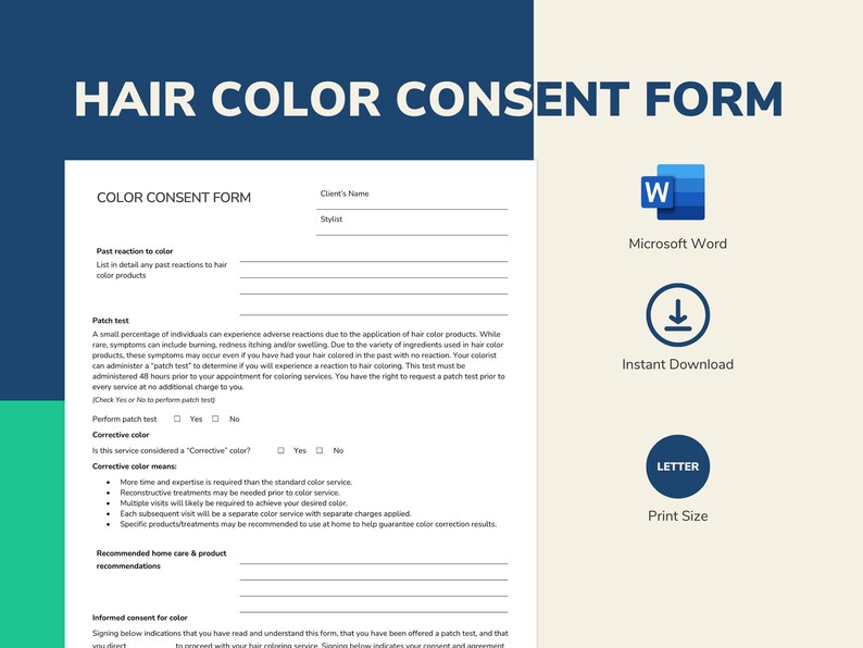 Hair Color Consent & Waiver Form | One Page Letter Size Word Document ...