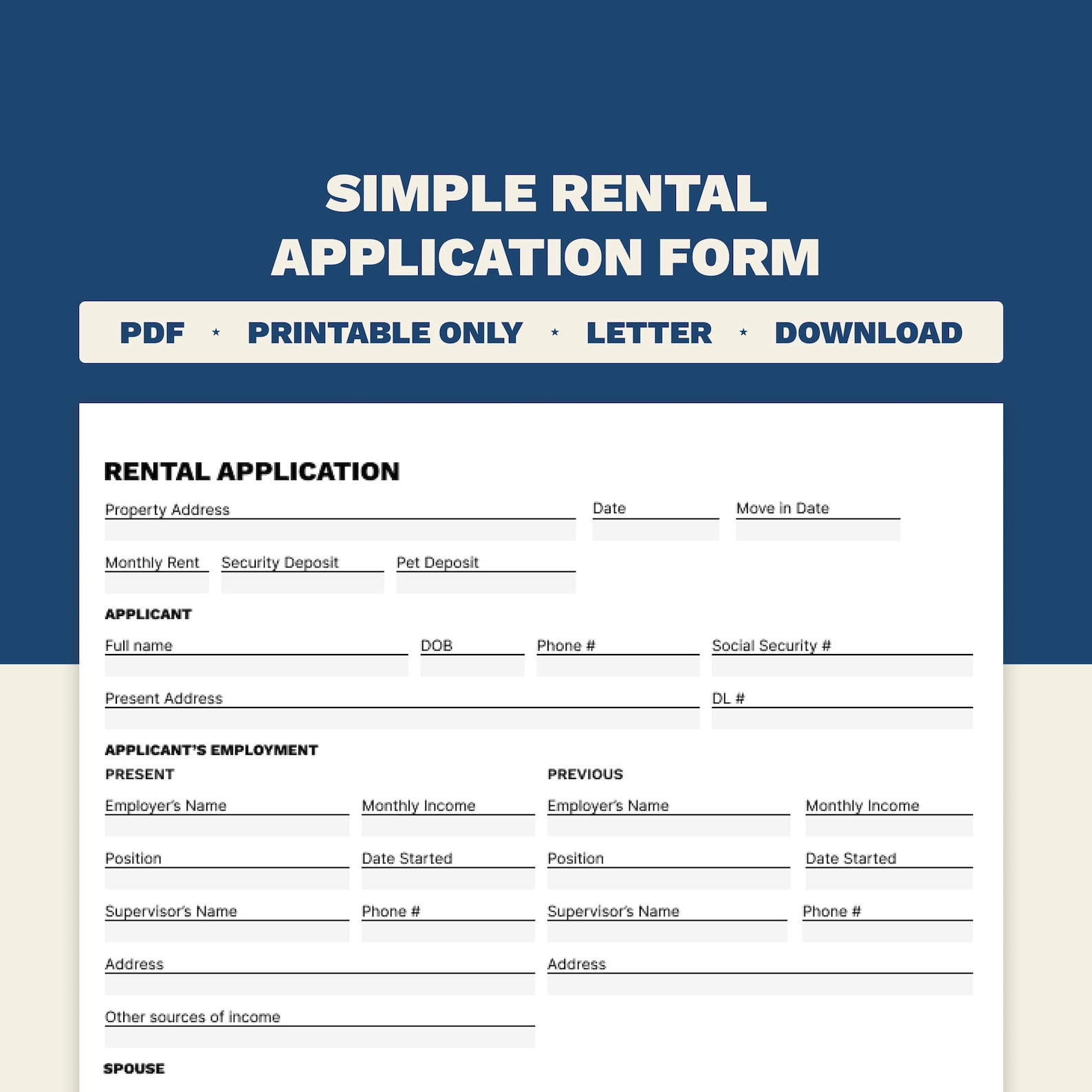 Simple Rental Application Form | 2 Page | Printable PDF - Etsy