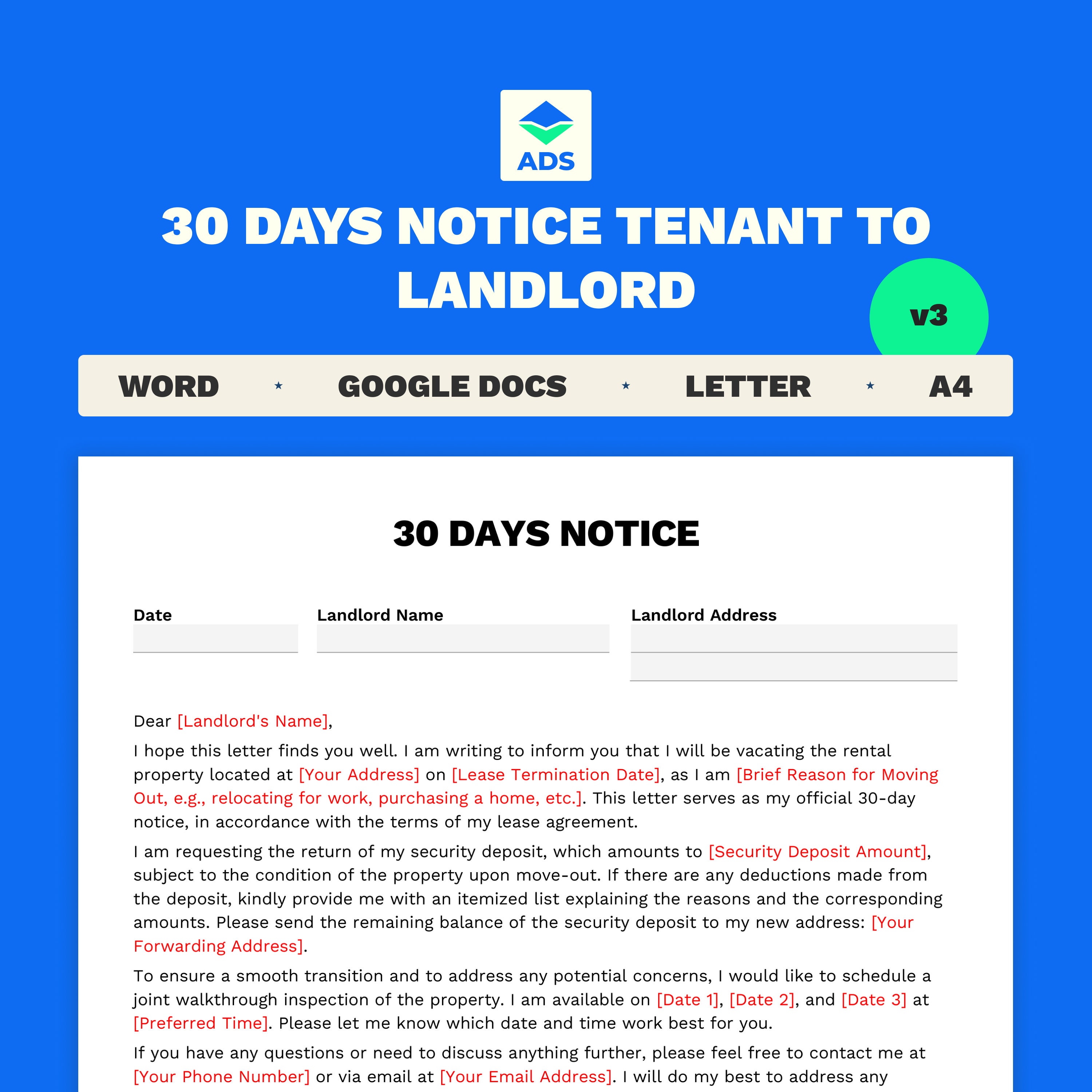 30-day Tenant Move Out Notice to Landlord (letter Size) - Etsy