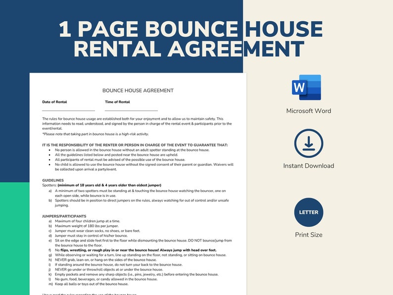 1 Page Bounce House Rental Agreement Editable & Printable - Etsy