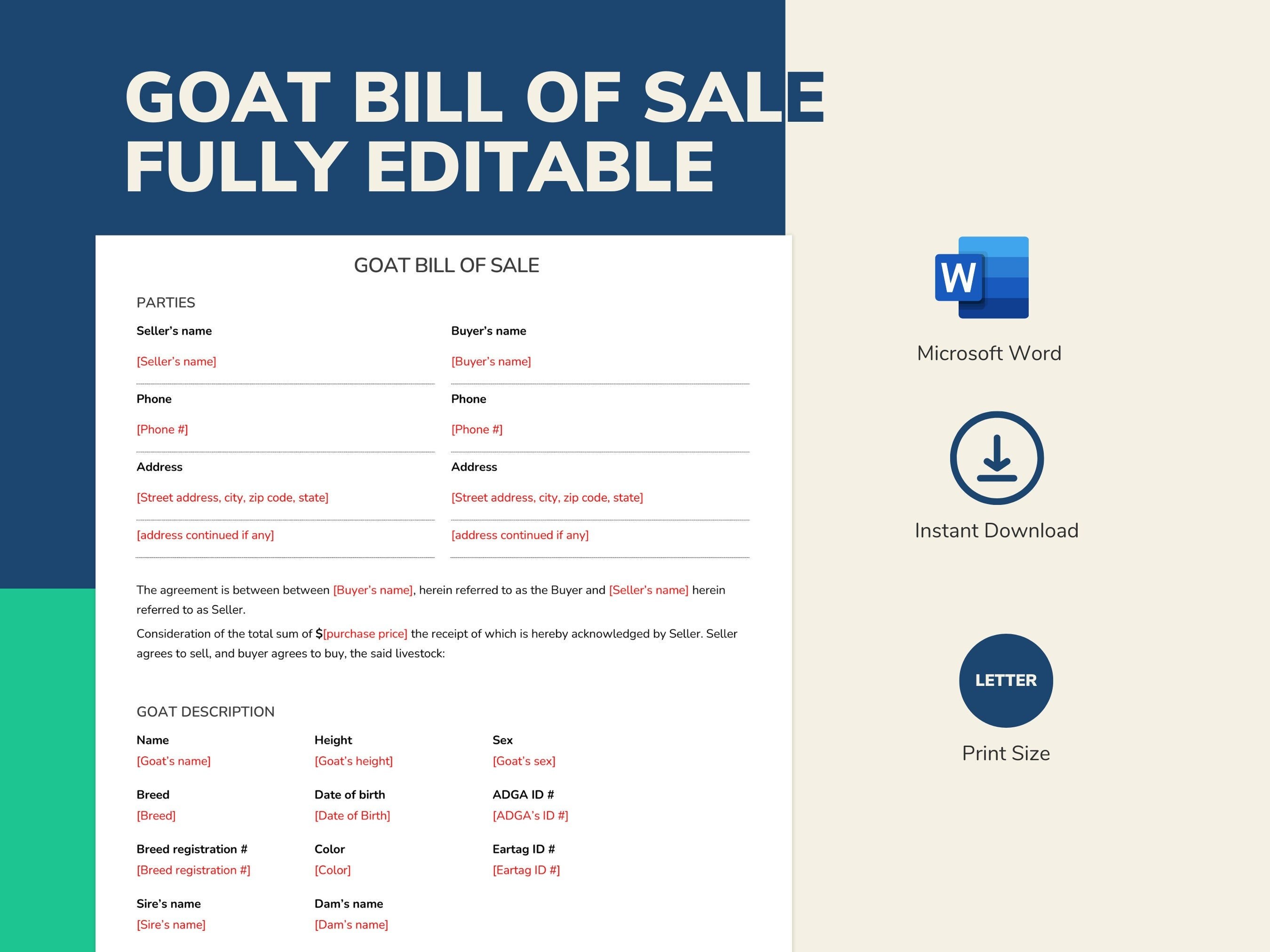 Goat Bill of Sale | Editable Letter Size Word Document | 3 Page Bill of ...