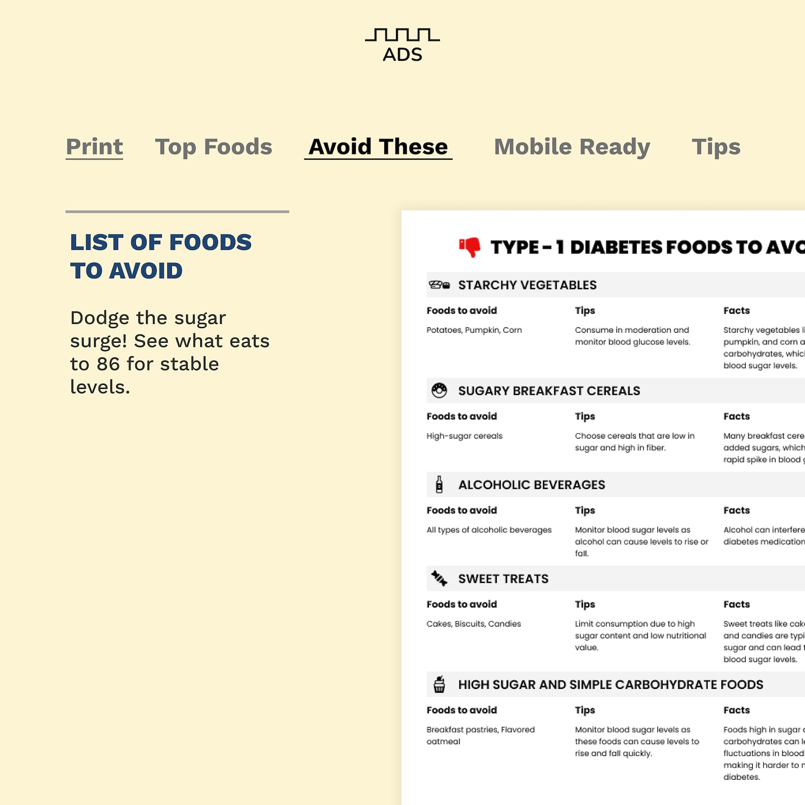 Type 1 Diabetes Food List: T1D Diet Guide (printable PDF) - Etsy