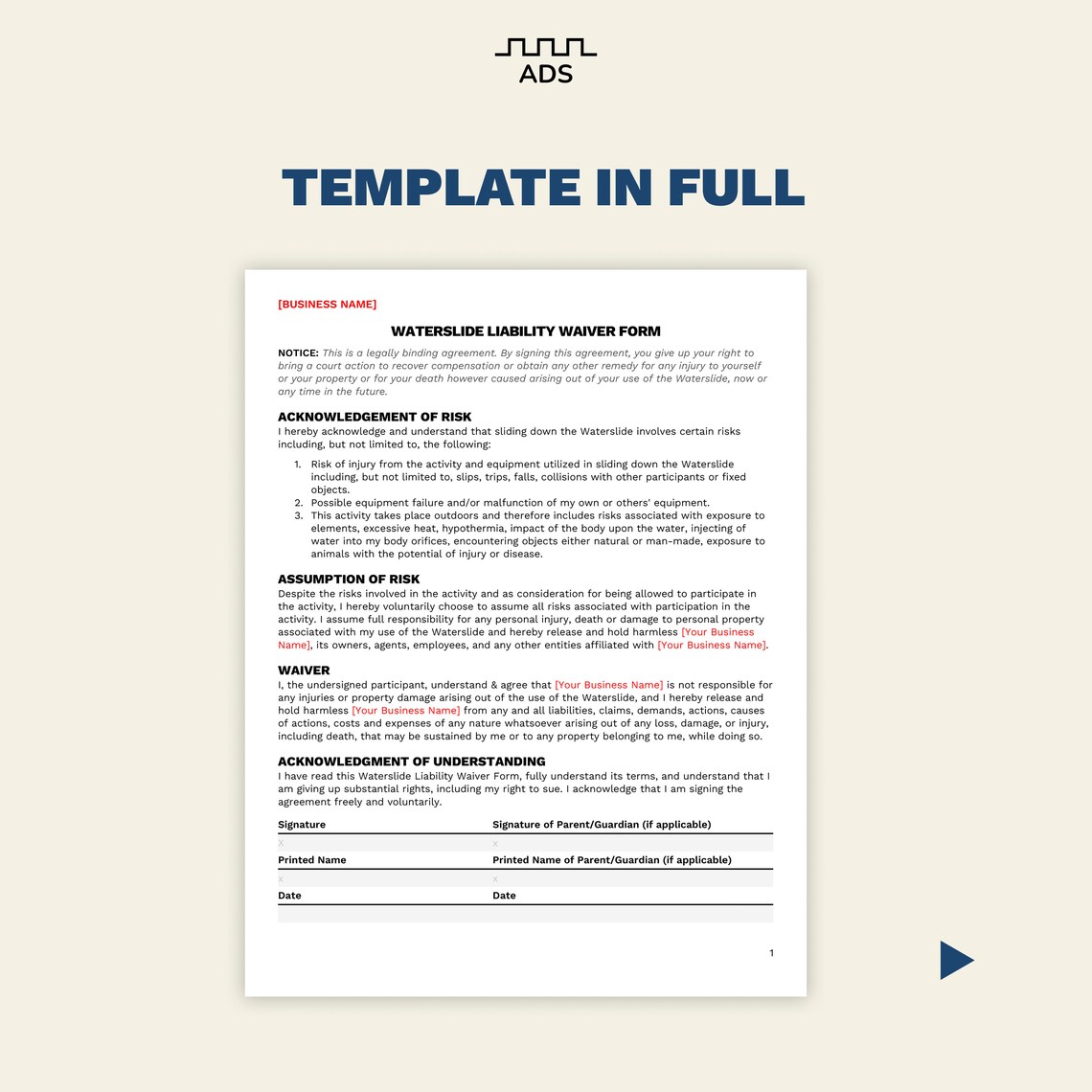 Waterslide Liability Waiver Form: Editable Template (word & Google Docs ...