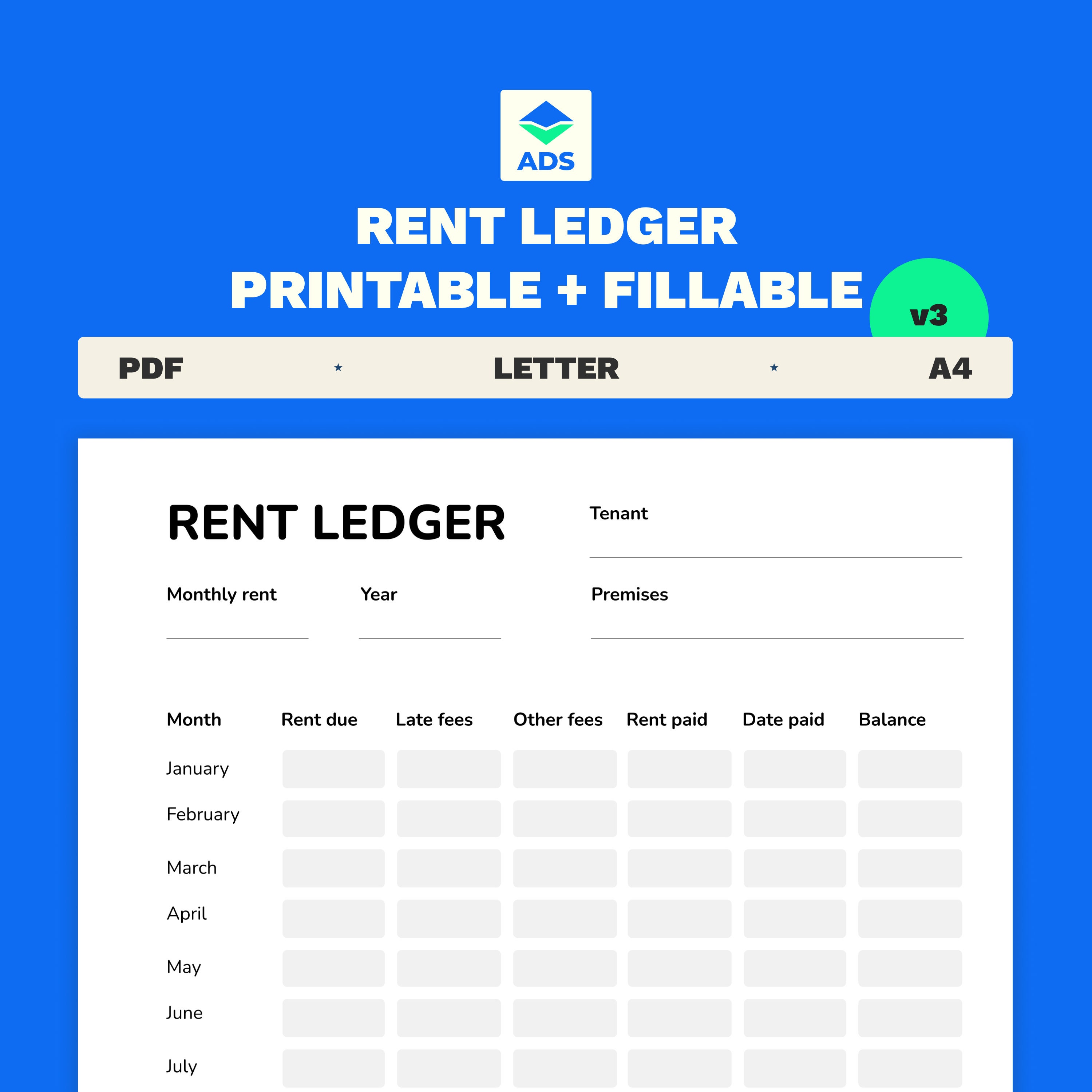 Rent Payment Ledger Printable PDF | Letter Size | Fillable Rent Ledger ...