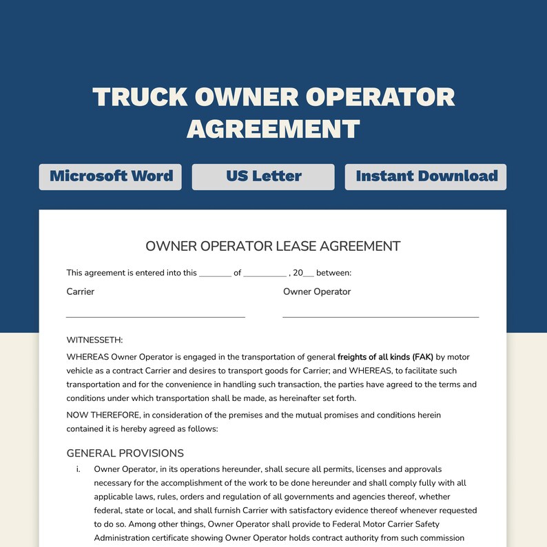 Editable Truck Owner Operator Lease Agreement Template Form - Etsy