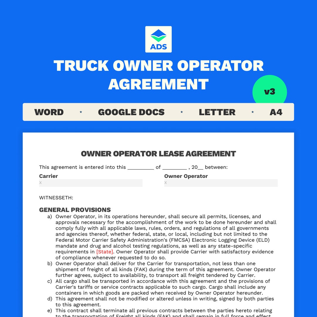Truck Owner Operator Lease Agreement Template (editable Word Document ...