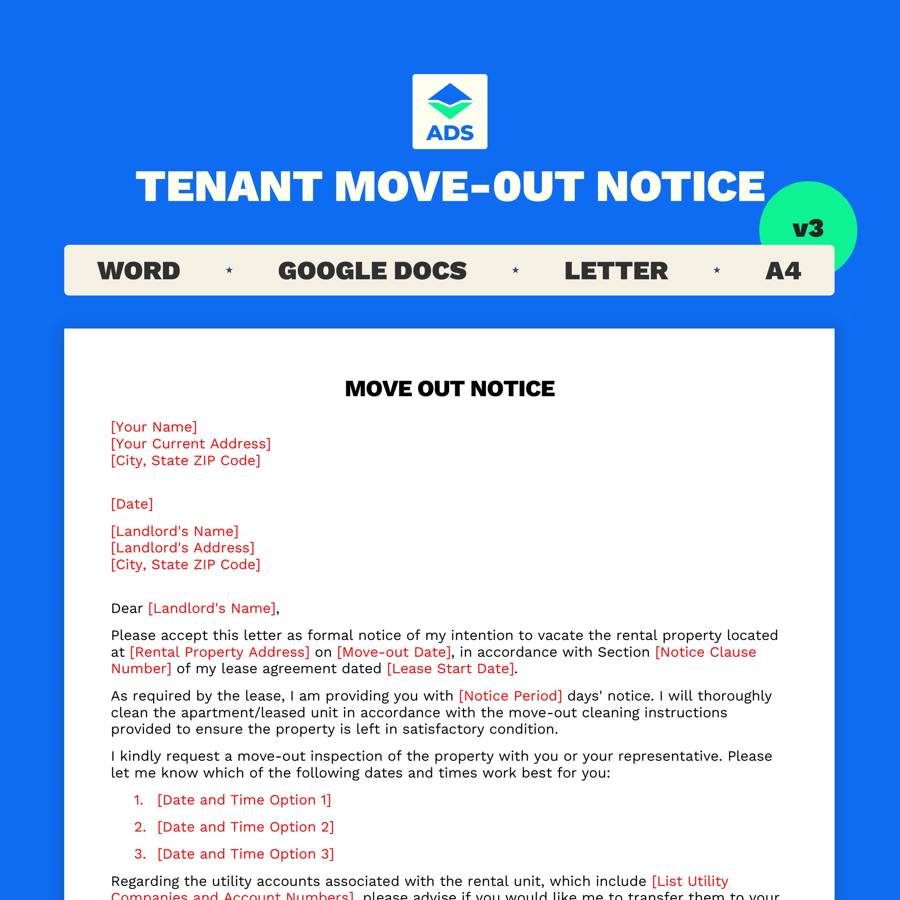 Tenant Move Out Letter Template: Notice to Landlord (editable, Printable) - Etsy