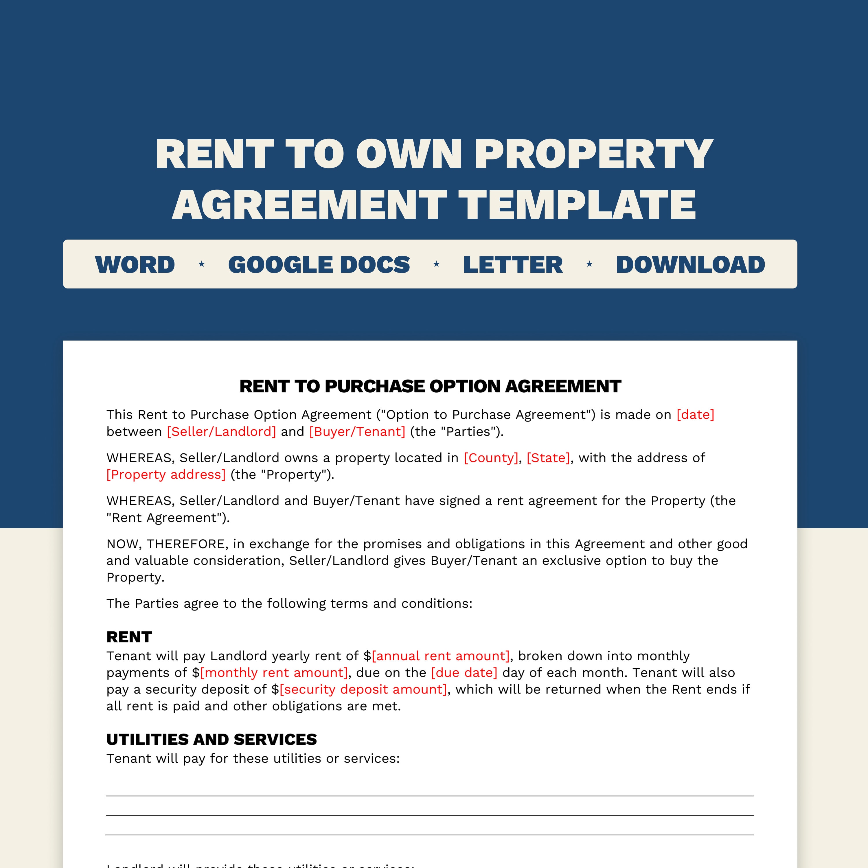 Rent to Own Property Agreement | Word + Google Docs Letter Size ...