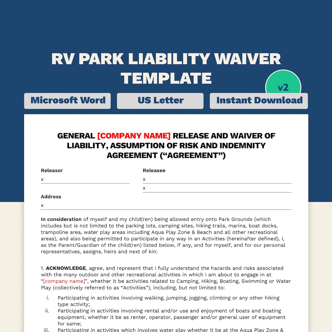 RV Park Liability Waiver Template Printable & Editable - Etsy Canada
