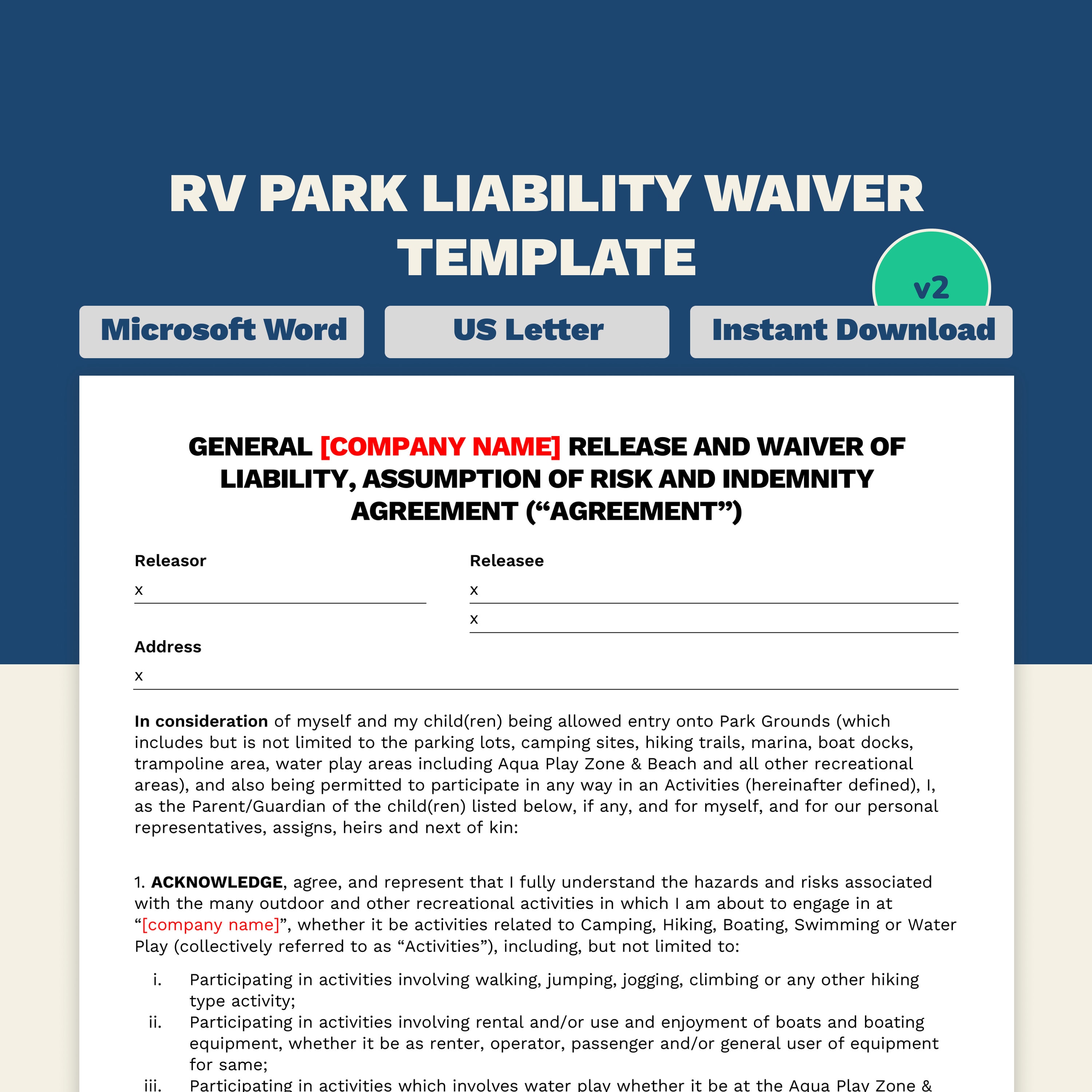 RV Park Liability Waiver Template Printable & Editable - Etsy