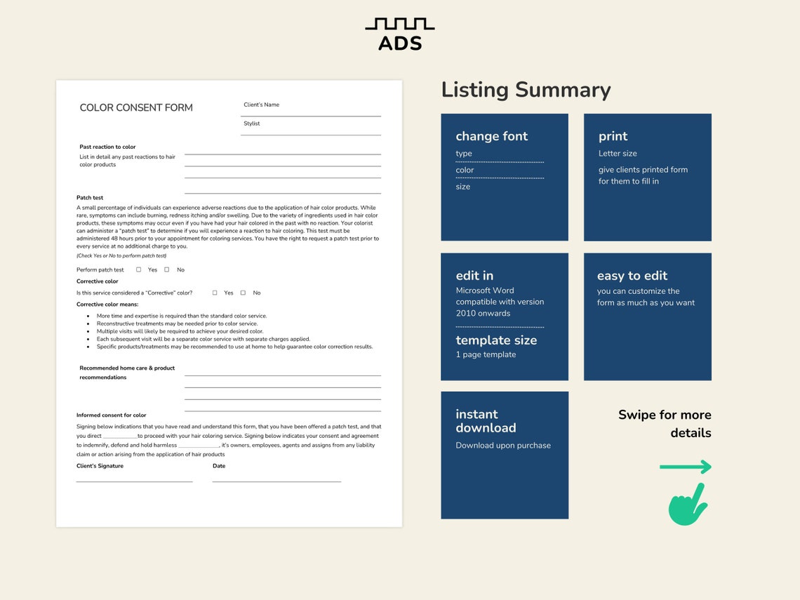 Hair Color Consent & Waiver Form | One Page Letter Size Word Document ...