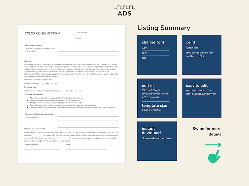 Hair Color Consent & Waiver Form | One Page Letter Size Word Document ...
