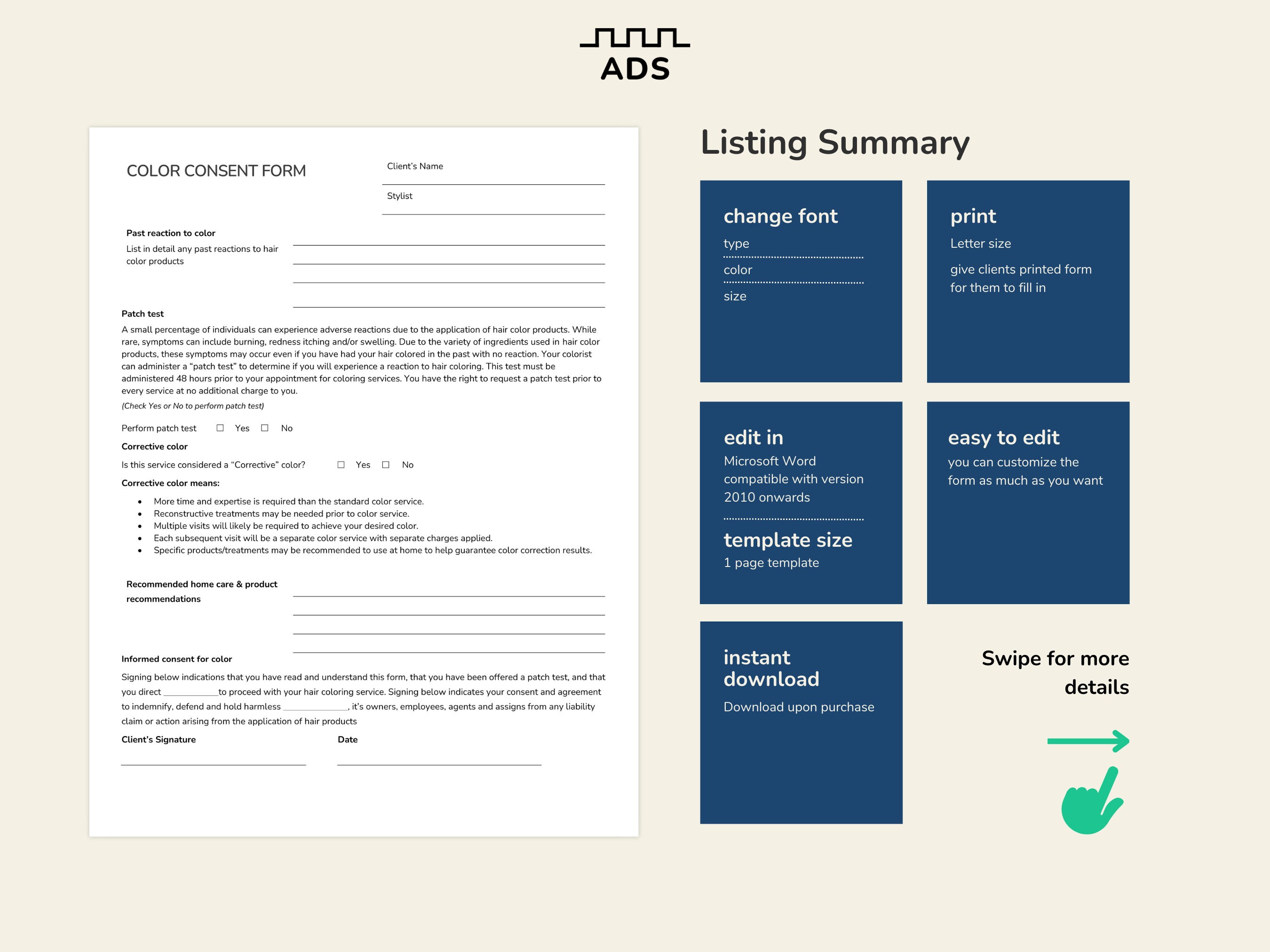 Hair Color Consent & Waiver Form | One Page Letter Size Word Document ...