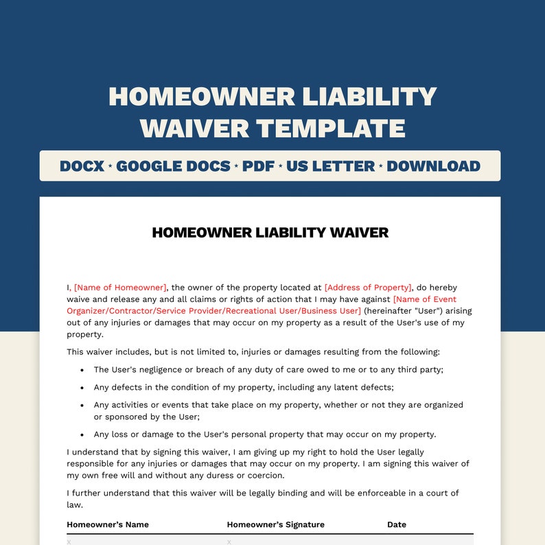Homeowner Liability Waiver Form | Microsoft Word + PDF + Google Docs ...