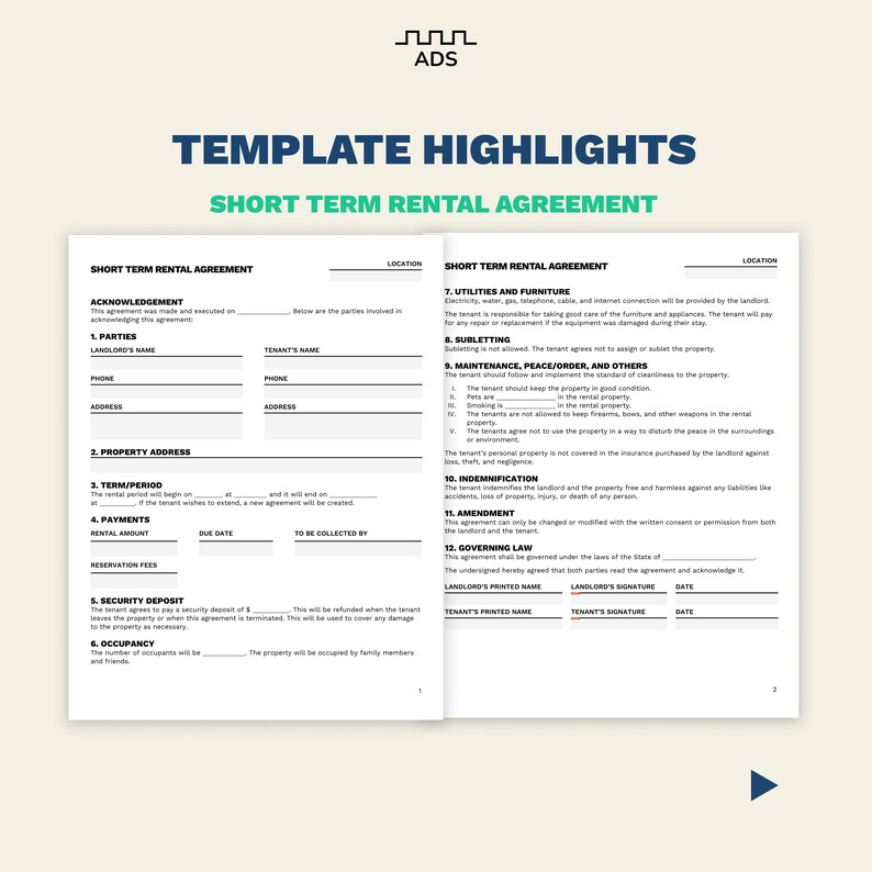 Printable Short Term Rental Agreement Booking Form Included Fillable ...