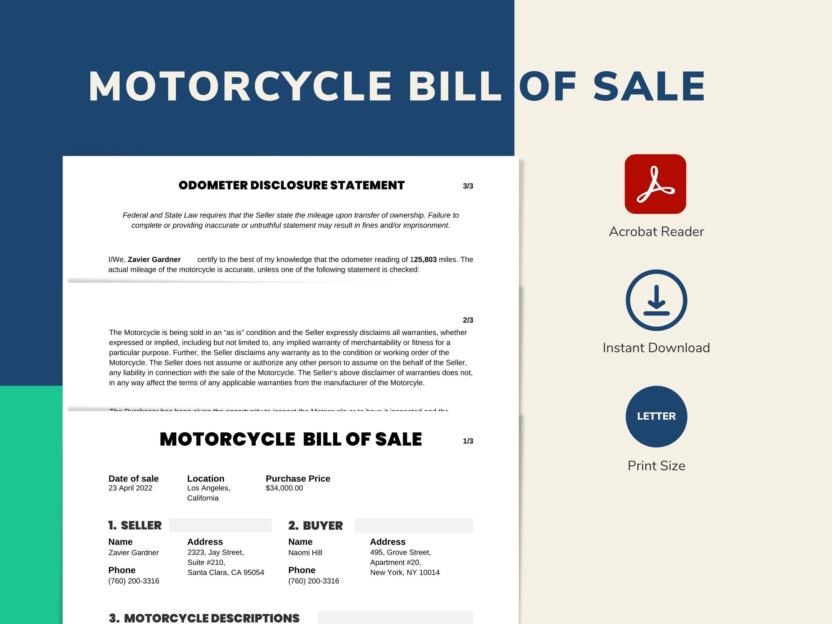 Printable Motorcycle Bill of Sale Template PDF | 3 Page | Letter Size ...