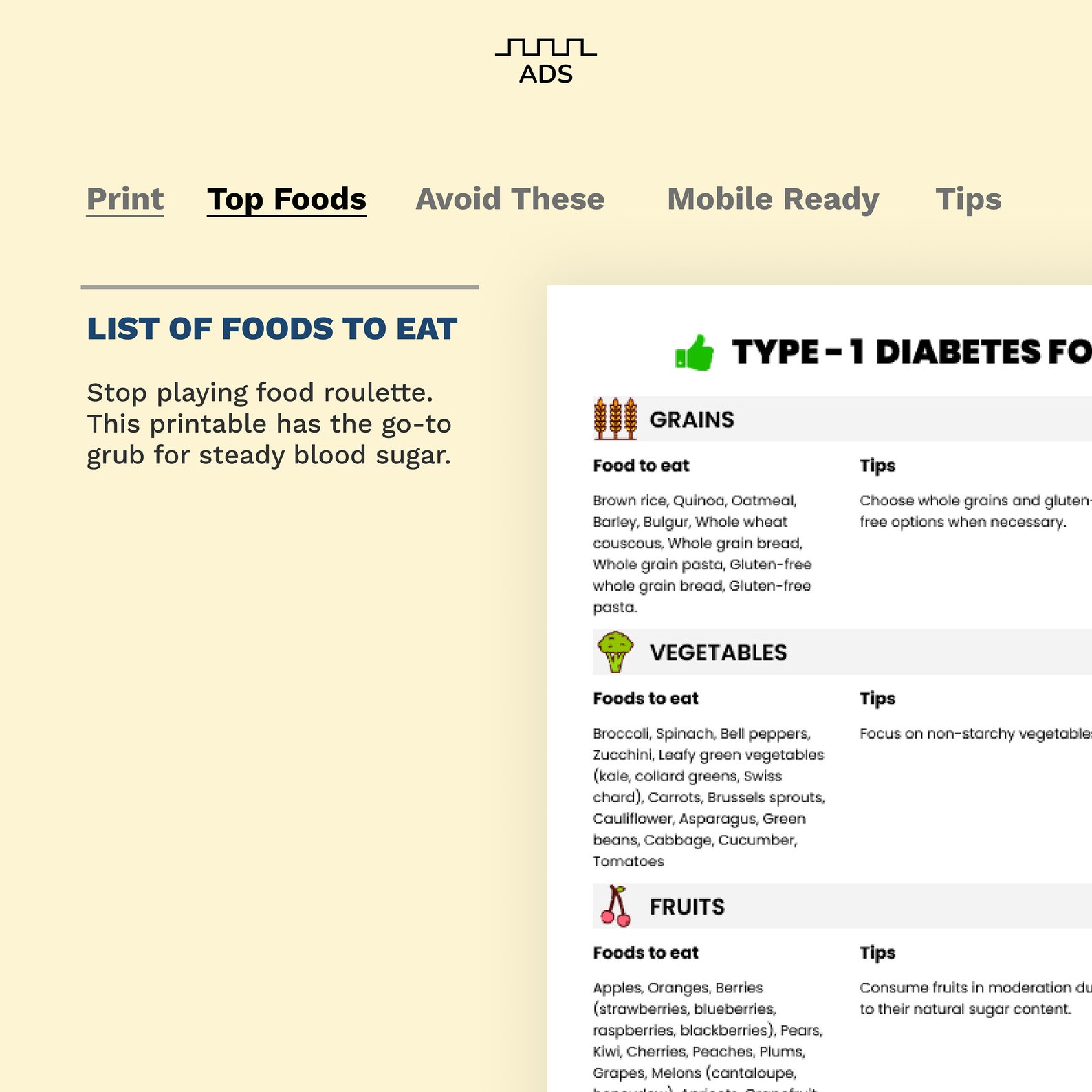 Type 1 Diabetes Food List: T1D Diet Guide (printable PDF) - Etsy