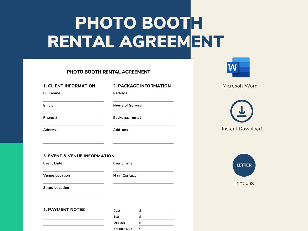 Easy Photo Booth Rental Agreement Word Template | 3 Page | Editable and ...