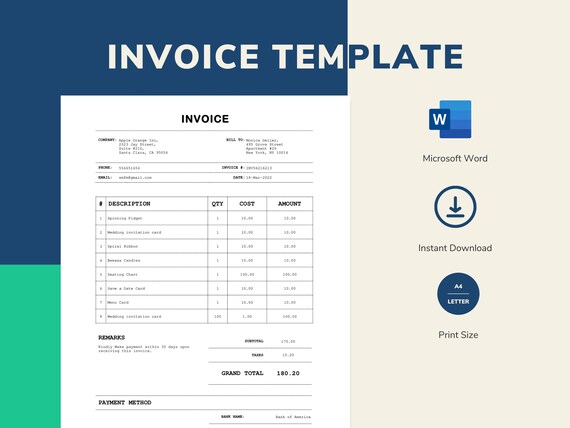 Invoice Template Word Basic Bill Editable Invoice | Etsy