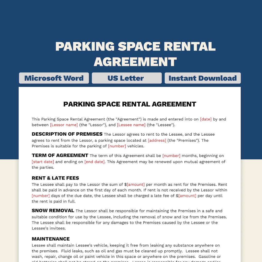 Parking Space Rental Agreement Template: Letter Size (microsoft Word ...