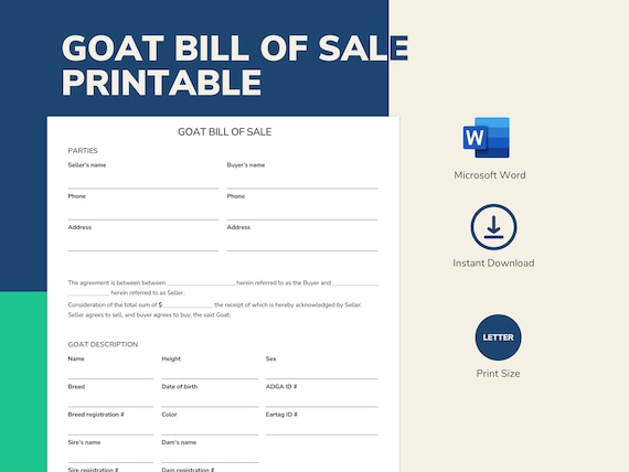 Goat Bill of Sale Printable Letter Size Word Document 3 - Etsy Finland