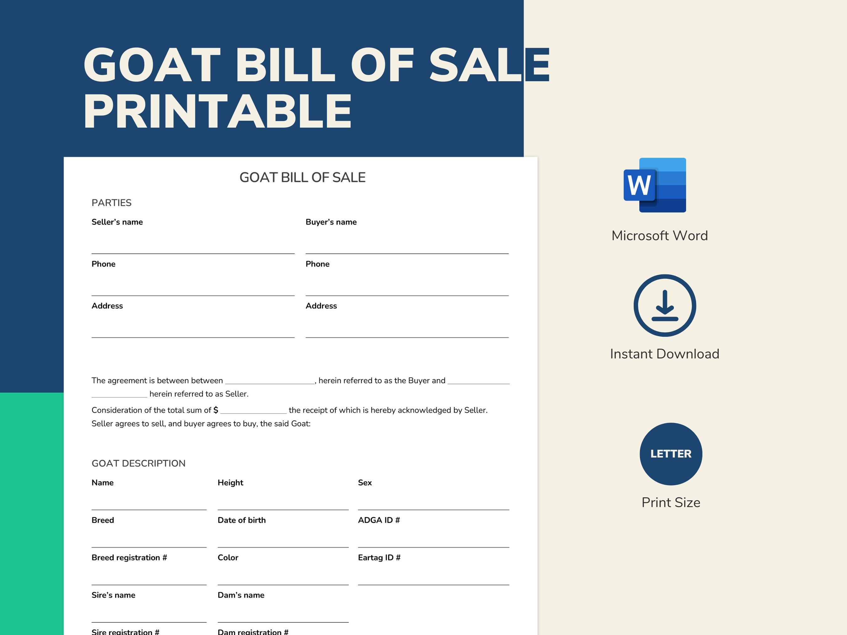 Goat Bill of Sale | Printable Letter Size Word Document | 3 Page Bill ...