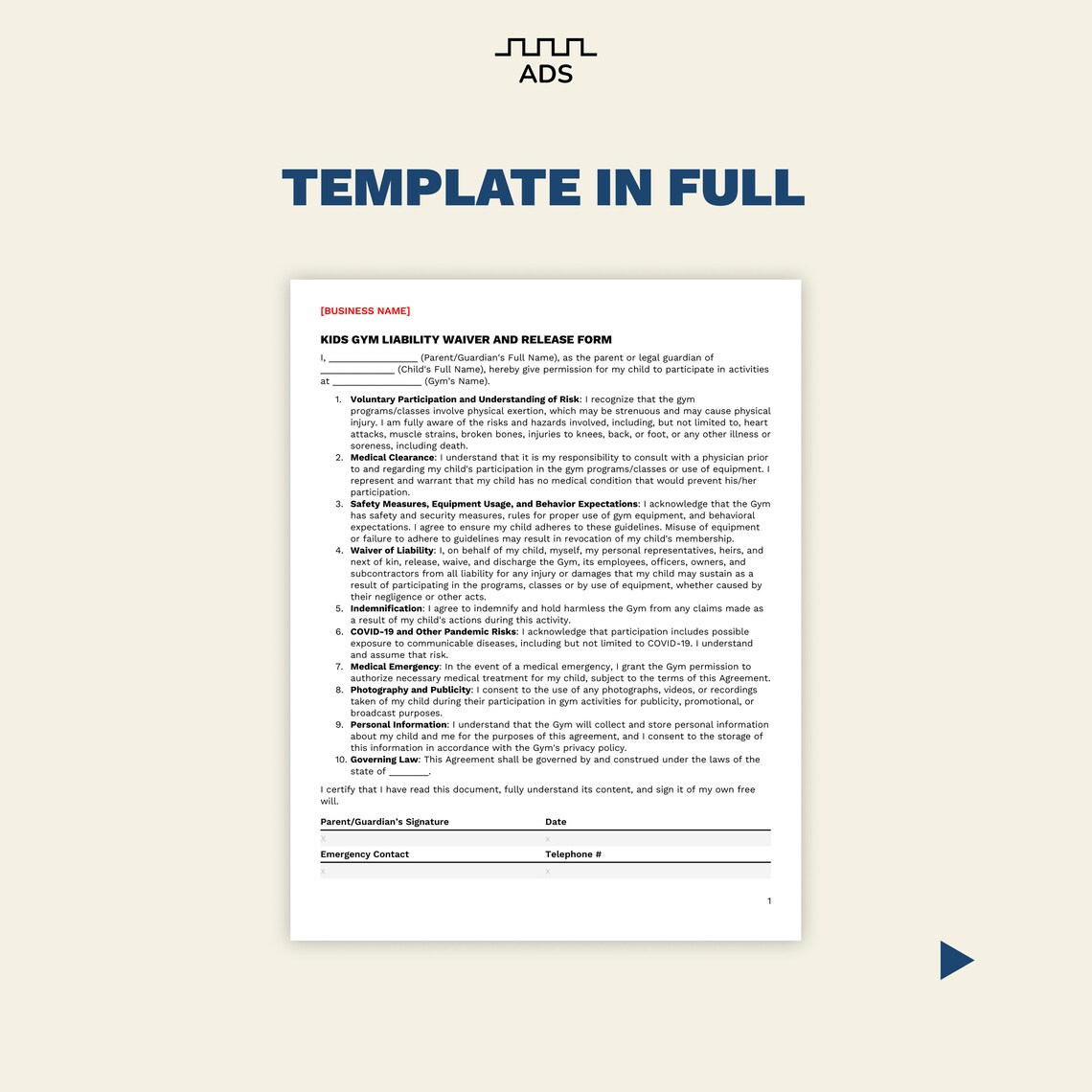 Kids Gym Liability Waiver Template | Microsoft Word + Google Docs ...