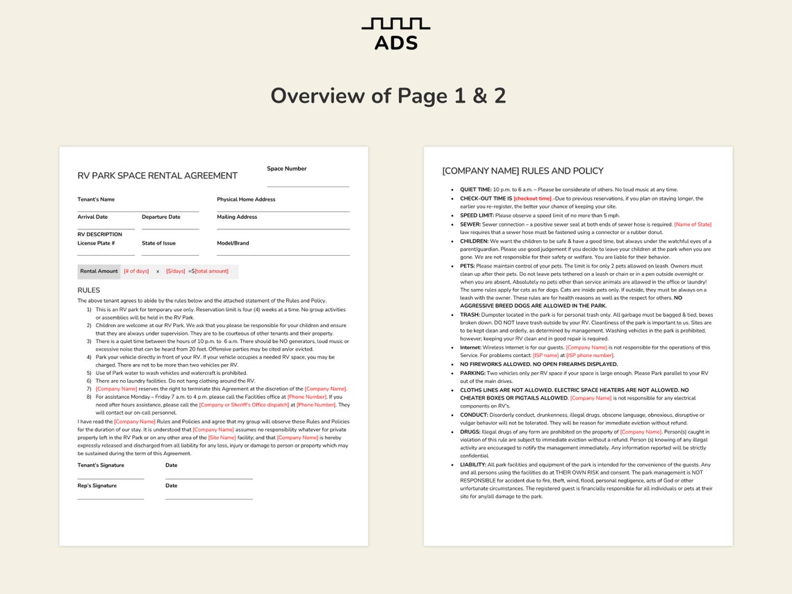 RV Parking Space Rental Agreement RV Lot Rental Agreement - Etsy