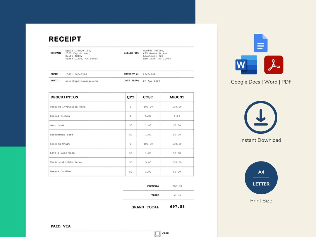 Minimalist Receipt Template in PDF, Google Docs, Microsoft Word Formats ...