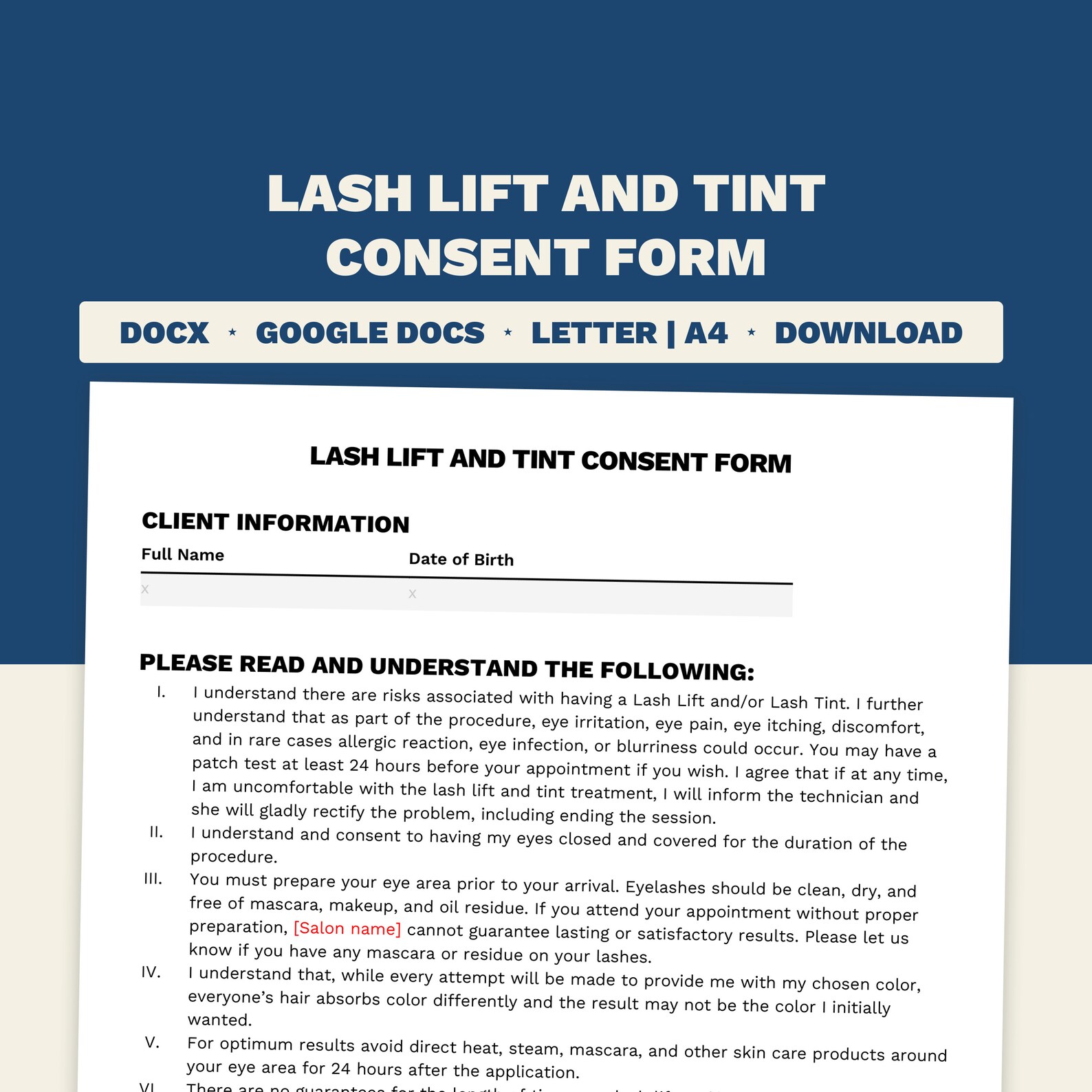 Lash Lift and Tint Consent Form | Lash Perm Waiver Form | Eyelash Extension Liability Waiver ...