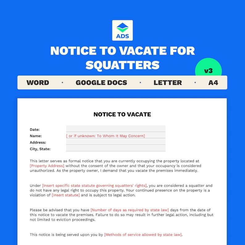 Notice to Vacate Squatter Template (microsoft Word) - Etsy