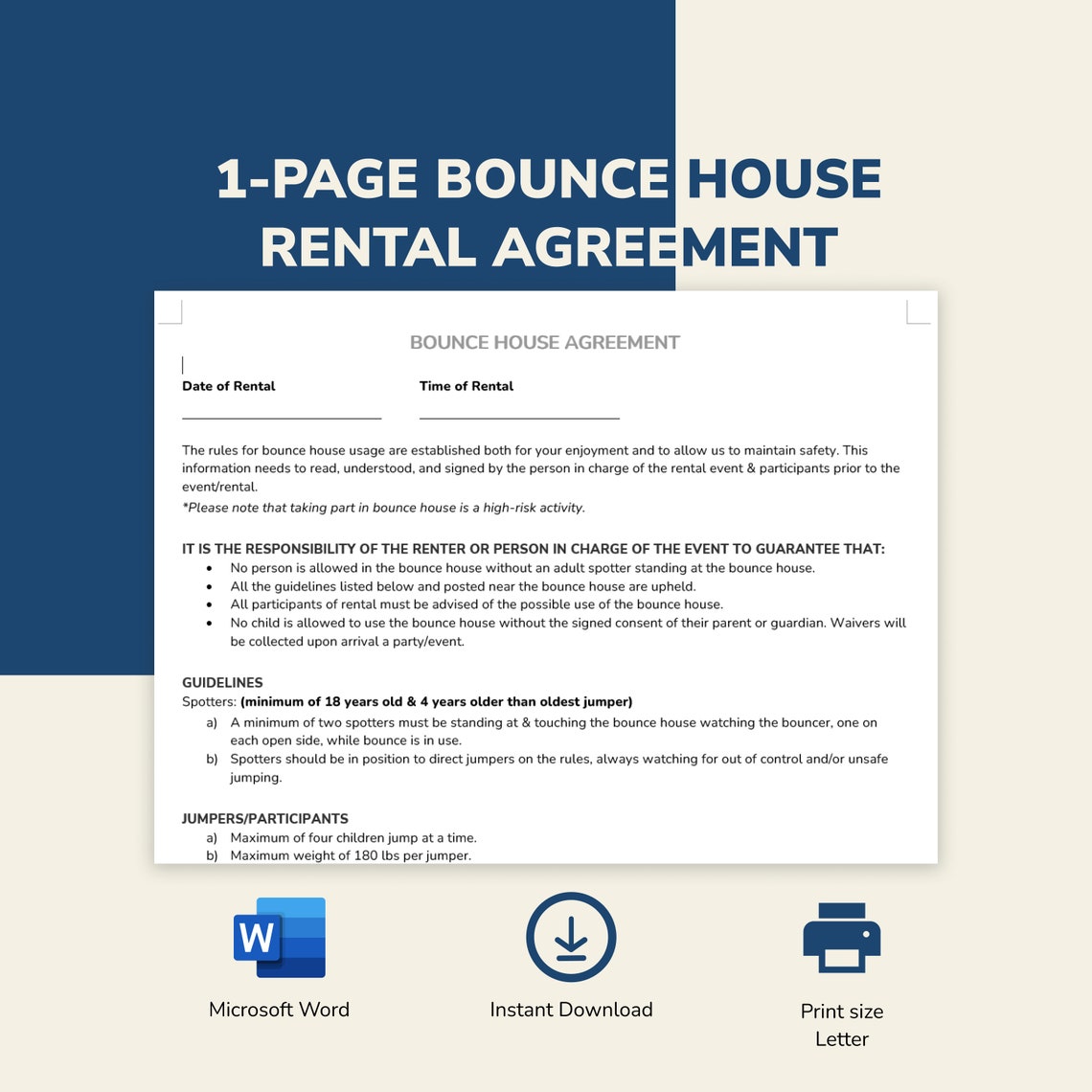 1 Page Bounce House Rental Agreement Editable & Printable - Etsy