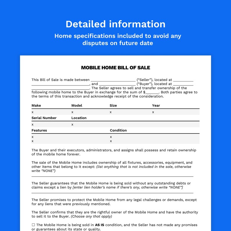 Mobile Home Bill of Template: Printable, Editable (digital Download) - Etsy