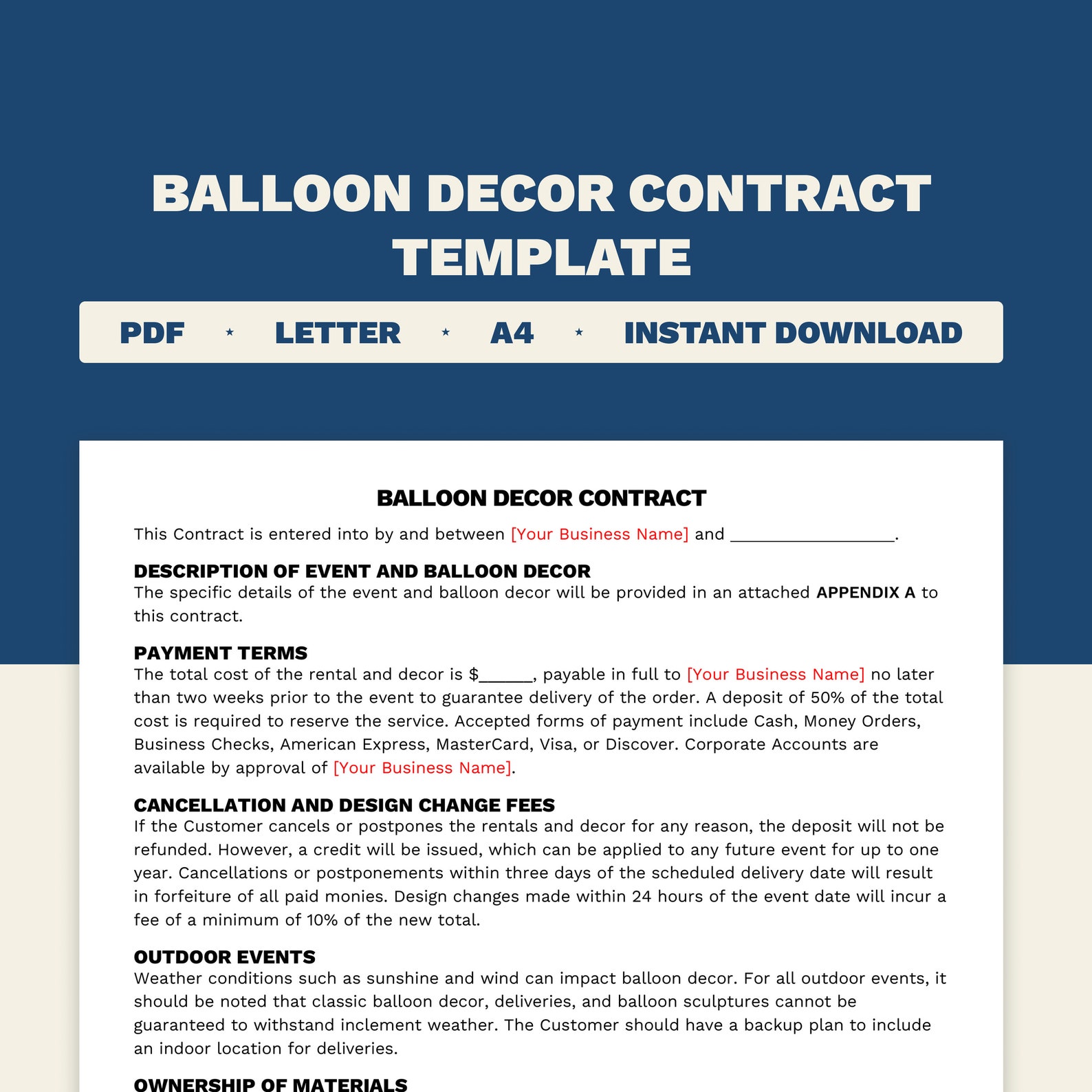 Simple Balloon Decor Contract Template | Fully Customizable | 2-page ...