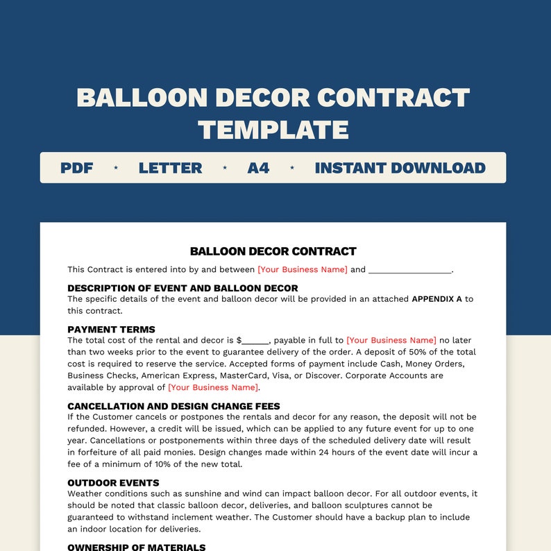 Simple Balloon Decor Contract Template | Fully Customizable | 2-page ...