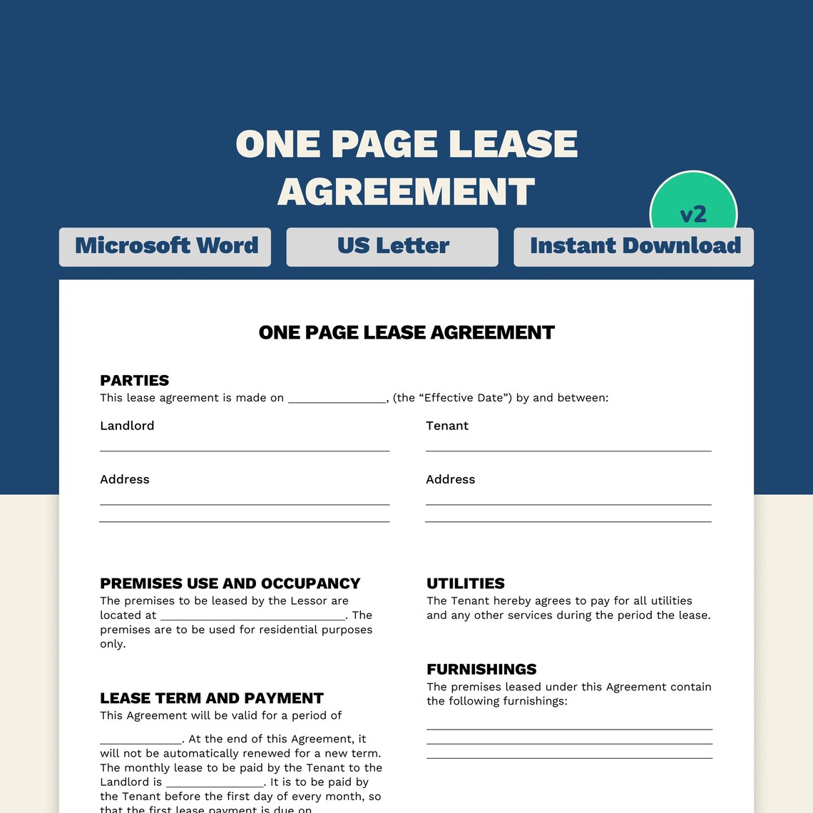 One Page Lease Agreement Simple Residential Lease Microsoft Word ...