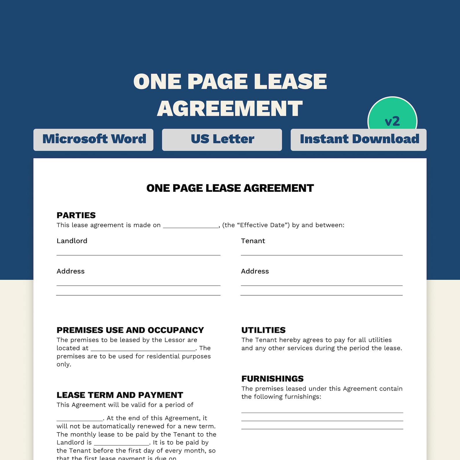 One Page Lease Agreement | Simple Residential Lease | Microsoft Word ...