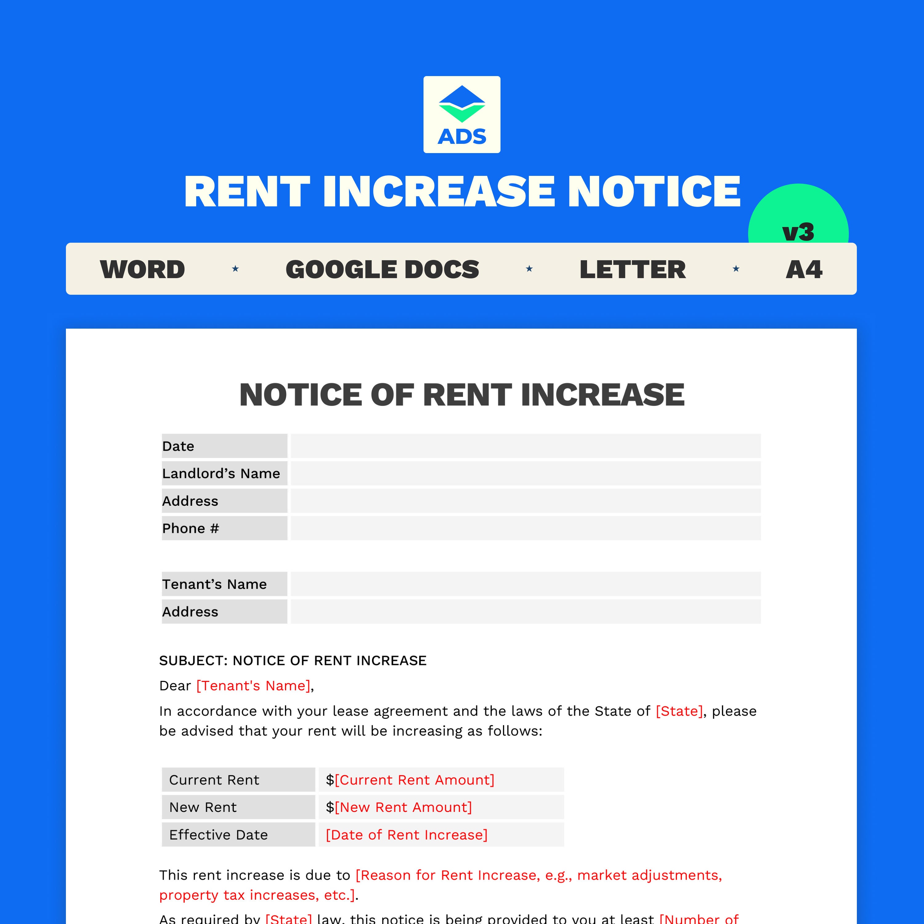 Rental Increase Letter Template: Landlord Notice (word Document) - Etsy UK