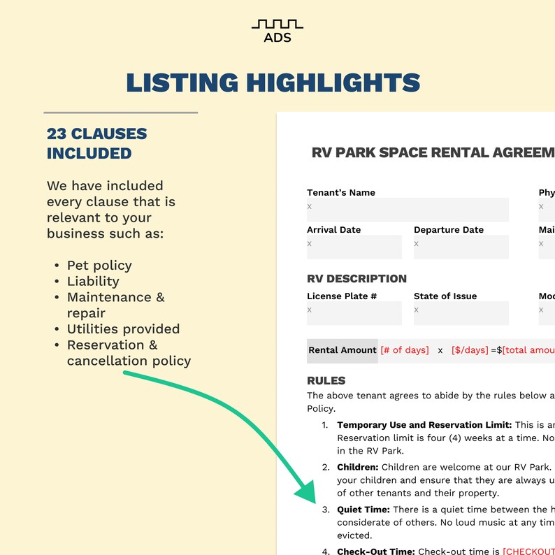 RV Parking Space Rental Agreement RV Lot Rental Agreement Letter Size ...