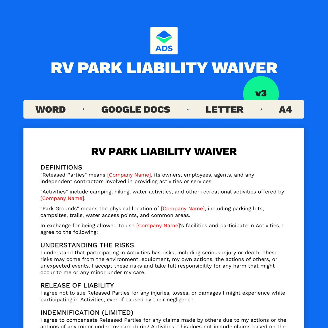 RV Park Liability Waiver Template | Printable & Editable Letter Size ...