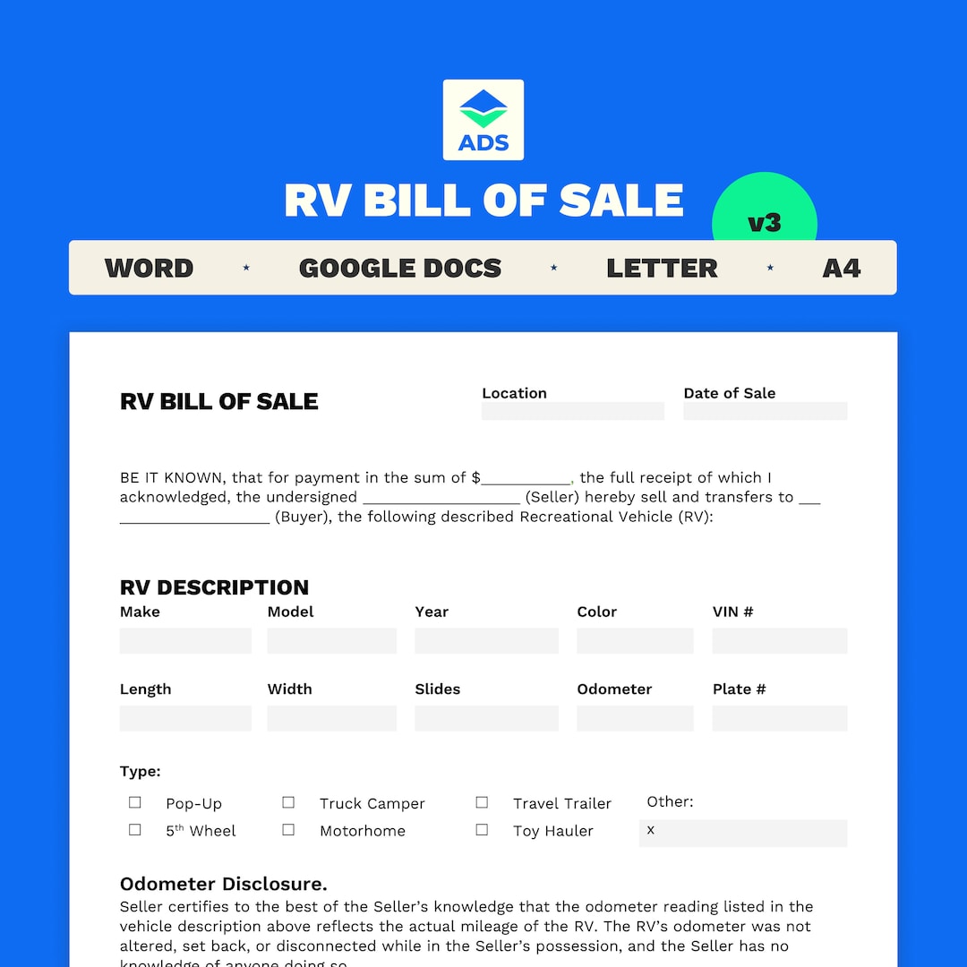 RV Bill of Sale With Lien Template | Printable & Editable as is Bill of ...
