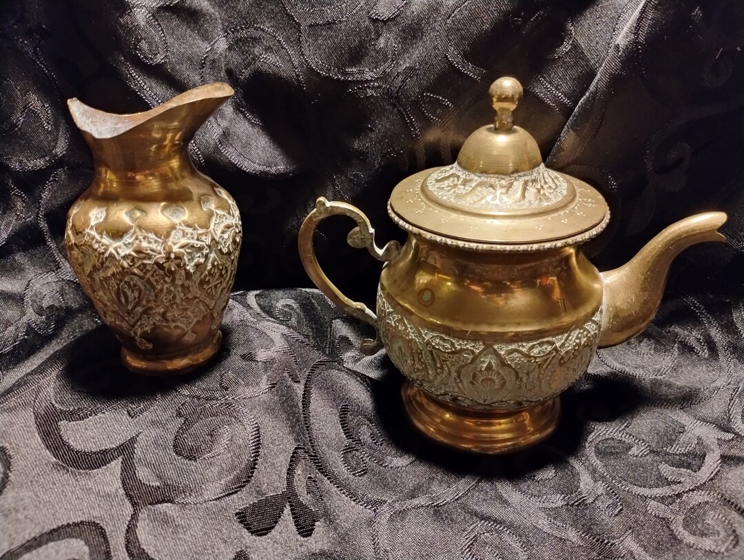 Persian Turkish Brass Etched Tea Pot Set, Antique Brass Tea Set - Etsy