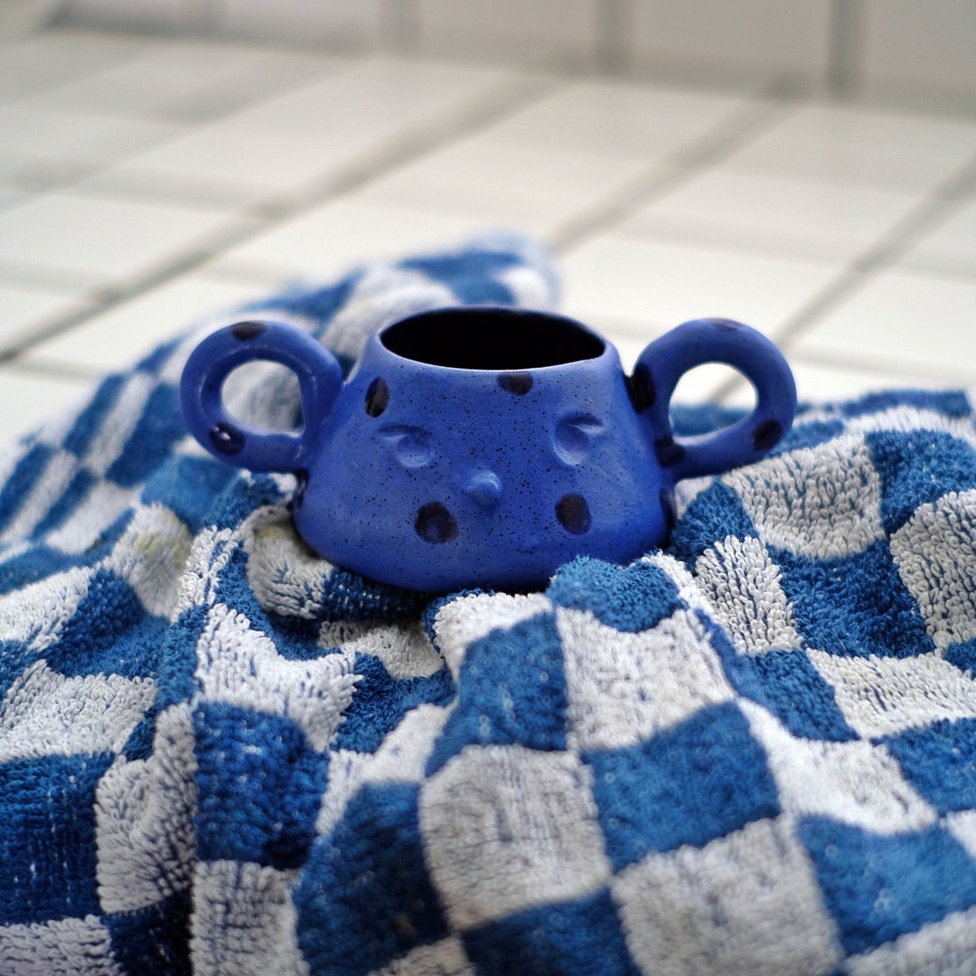 Espresso Mug With Cute Ears, Two Handle Hand Painted Blue Speckled ...