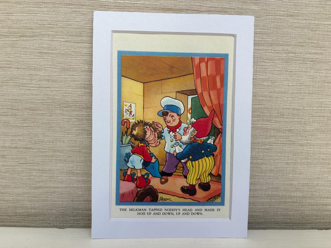 Noddy by Enid Blyton - 1940s Book Plate - the Milkman Tapped Noddy's ...