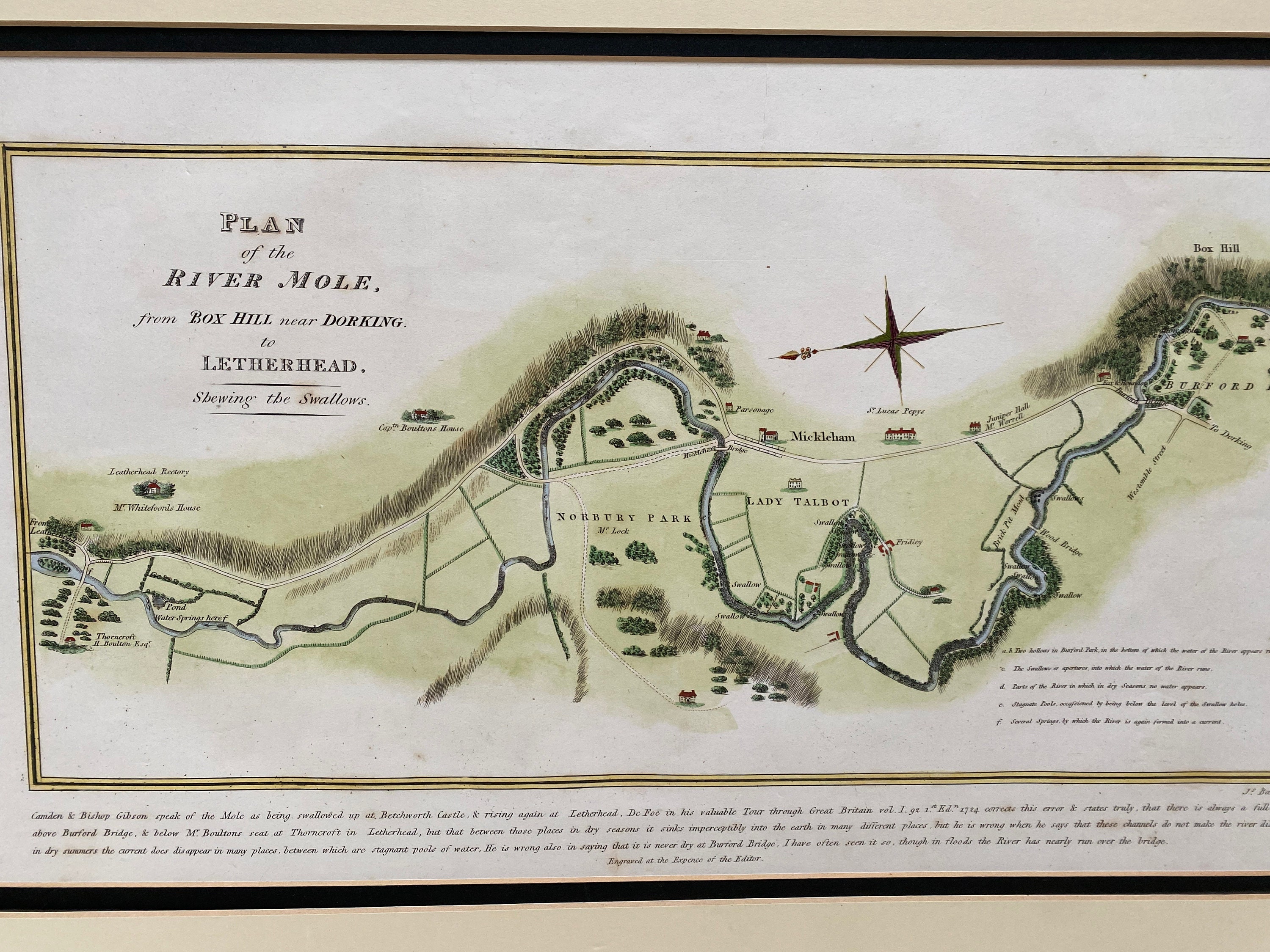 Antique Map, Plan of the River Mole From Box Hill Near Dorking to ...