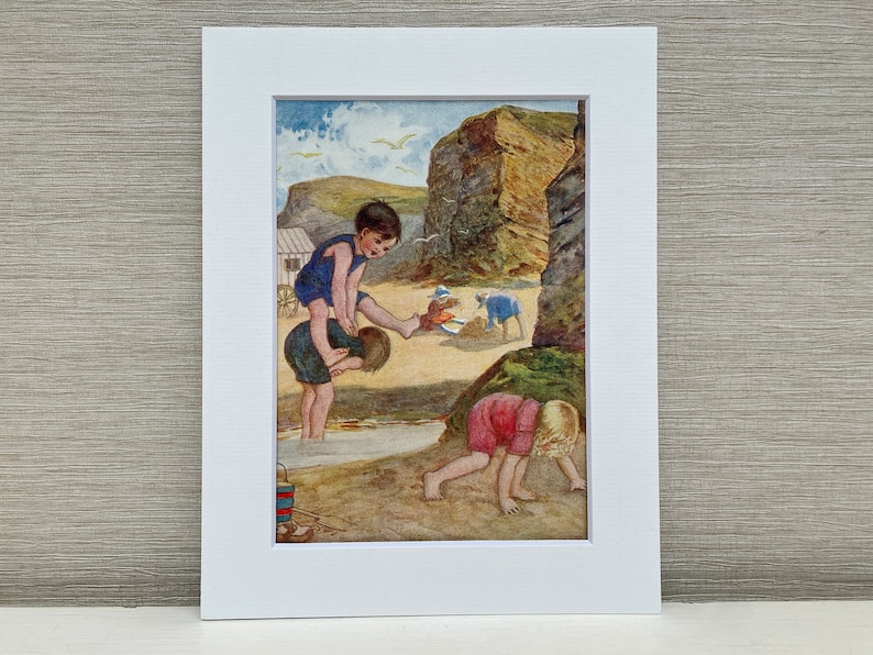 Leapfrog Children Playing on the Beach Vintage Book Plate Mounted in ...