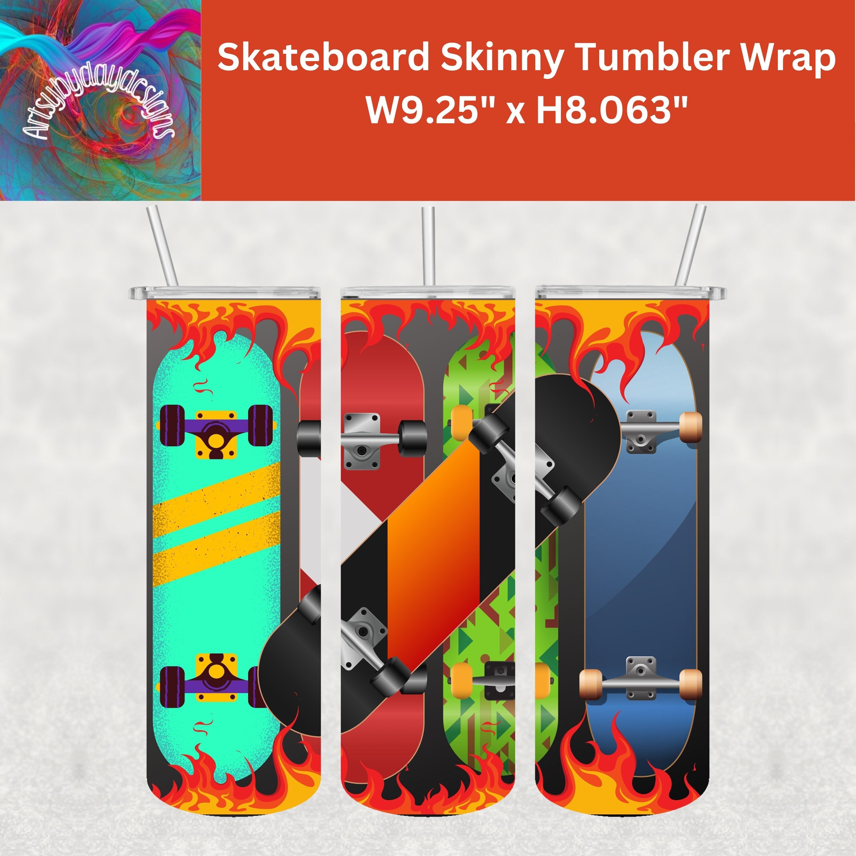 Skateboard Tumbler Wrap/ Skateboard Lovers/ Fiery Skateboarder Dudes ...