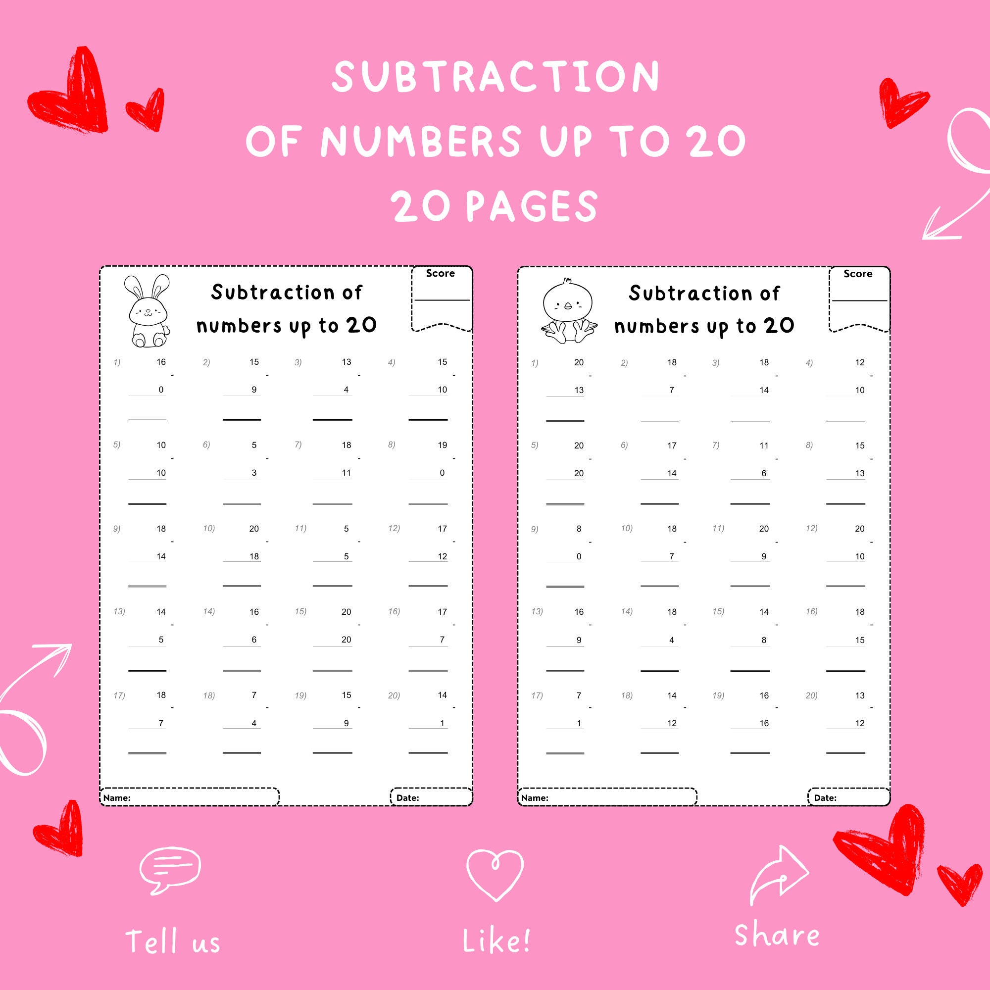 Grade 1 Subtraction Practice Worksheet Numbers up to 20 Difference up ...
