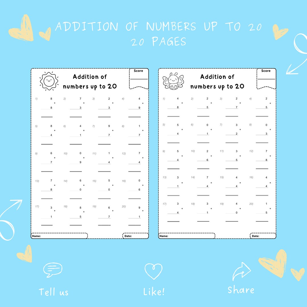 Grade 1 Addition Practice Worksheet Numbers up to 20 Sum up to 20 40 ...