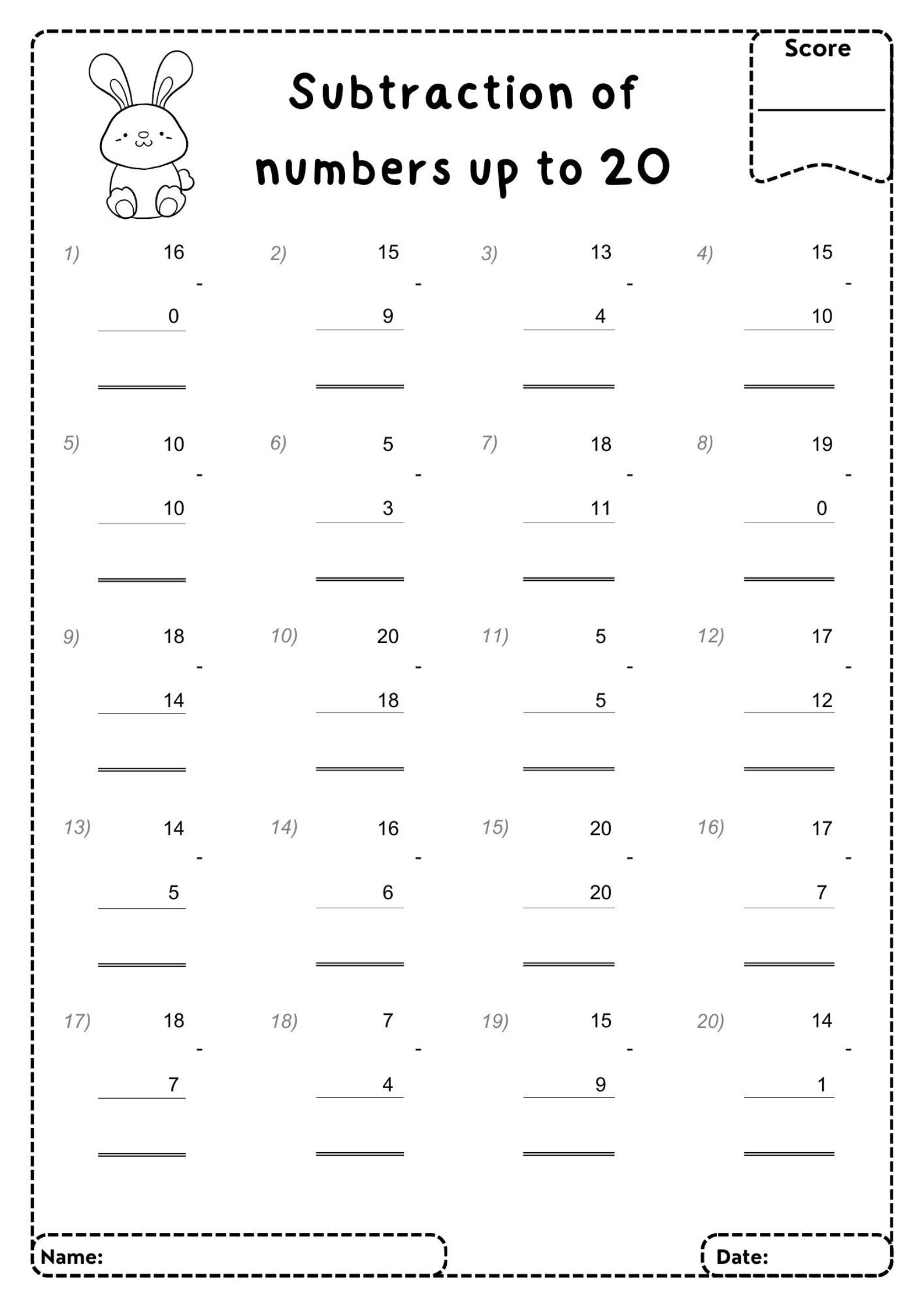 Grade 1 Subtraction Practice Worksheet Numbers up to 20 Difference up ...